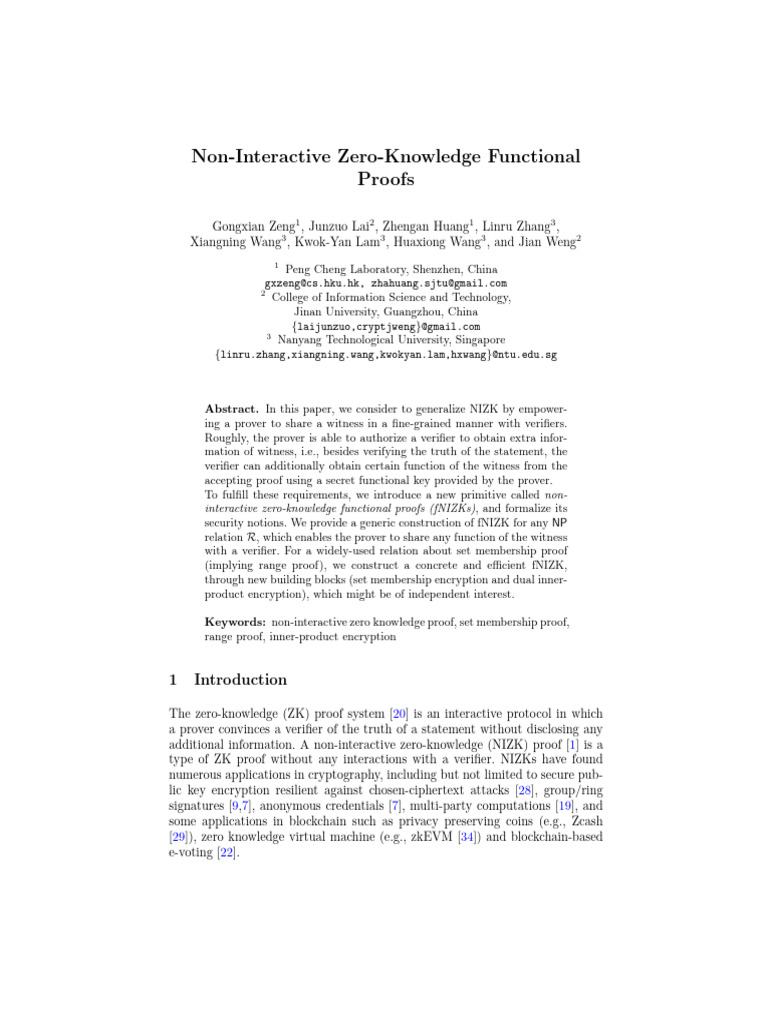 Non-Interactive Zero-Knowledge Functional Proofs: Abstract | PDF | Cryptography | Secure ...