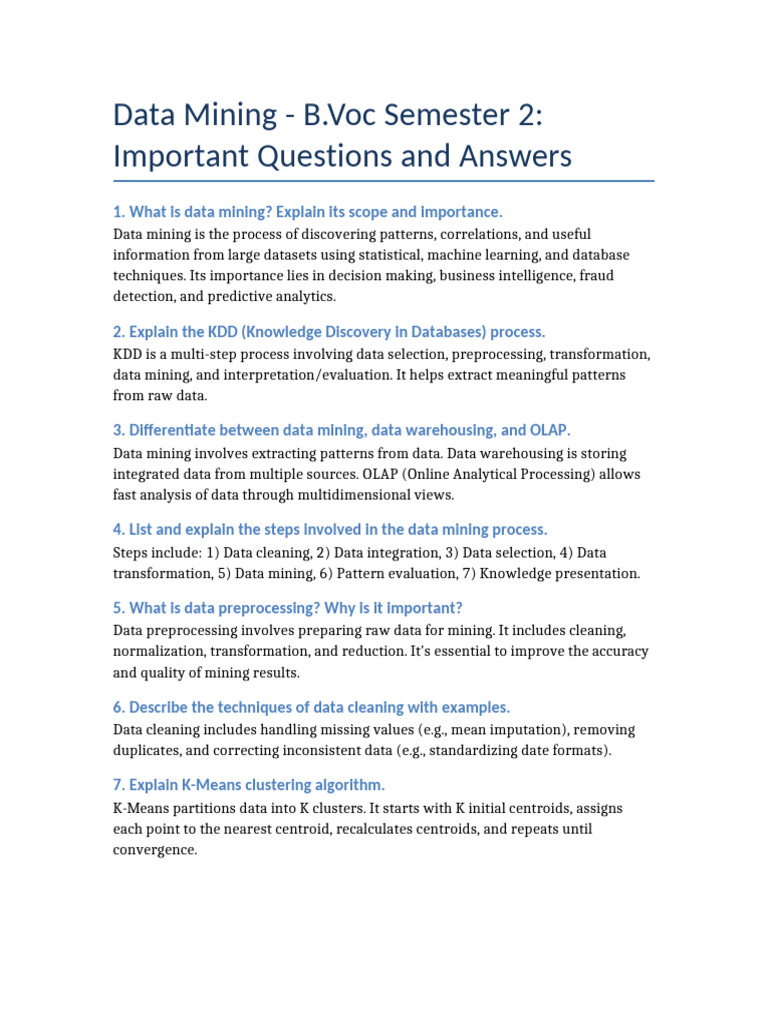 Data Mining BVoc Questions Answers | PDF | Data Mining | Cluster Analysis