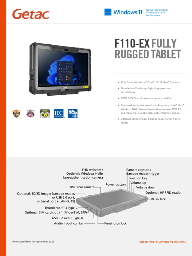 Getac F110-EX Rugged Tablet Overview | PDF | Solid State Drive | Intel