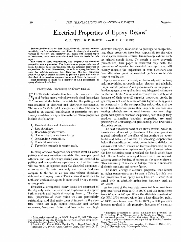 Electrical Properties Epoxy Resins | PDF | Epoxy | Materials