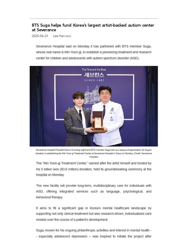 BTS Suga Helps Fund Korea's Largest Artist-Backed Autism Center at ...