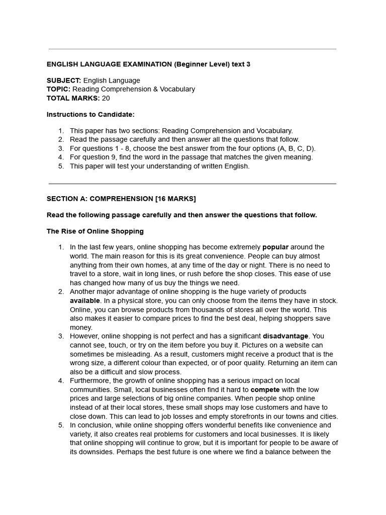Beginner English Exam: Reading & Vocabulary | PDF | Online Shopping ...