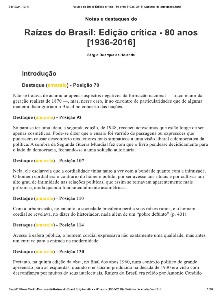 Fichamento Raízes Do Brasil | PDF