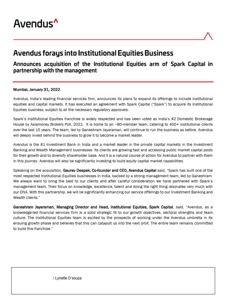 Avendus Forays Into Institutional Equities Business | PDF | Capital ...