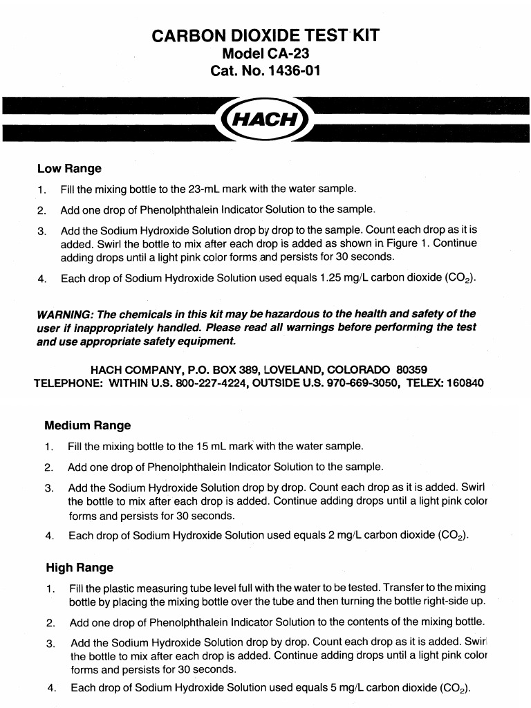 Carbon Dioxide Test Kit Manual, Model CA-23, Drop Count Titration Kit ...