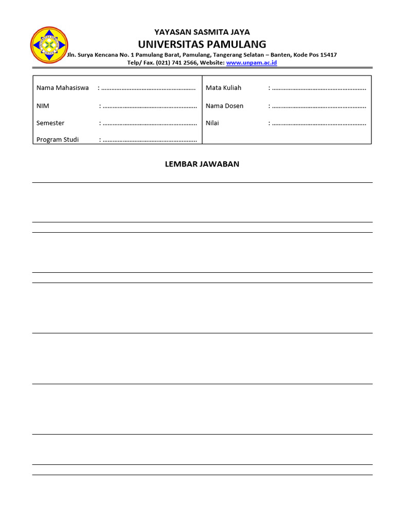 Lembar Jawaban Unpam Tanpa Semua Garis | PDF