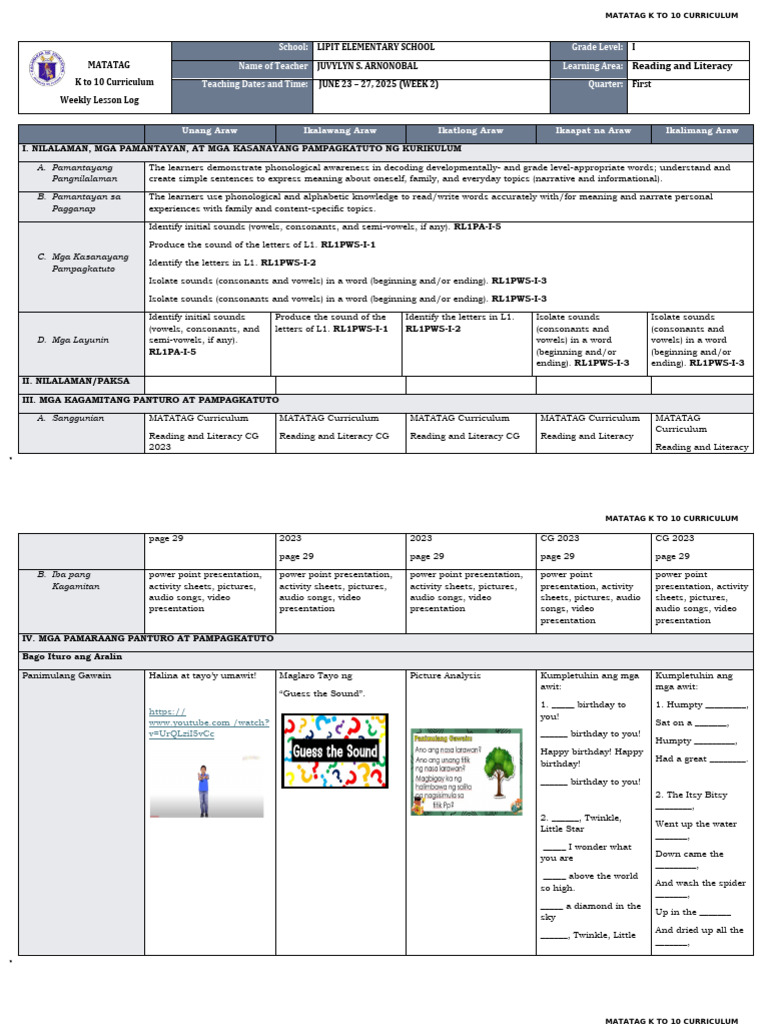 DLL Matatag Reading&Literacy 1 q1 w2 v2 | PDF