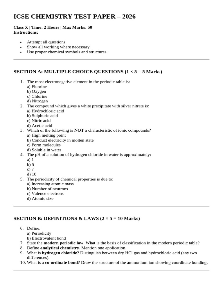 Icse Chemistry Test Paper | PDF | Chemical Compounds | Acid