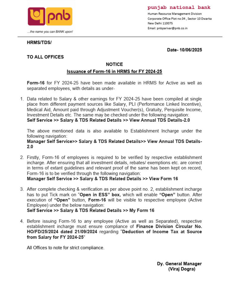 Form-16 Issuance Notice for FY 2024-25 | PDF | Salary | Business