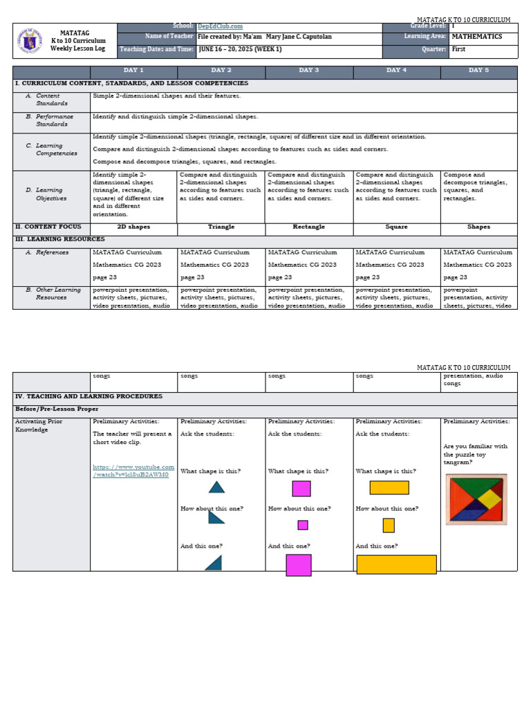 DLL Matatag - Mathematics 1 - q1 - w1 v2 | PDF | Shape | Rectangle