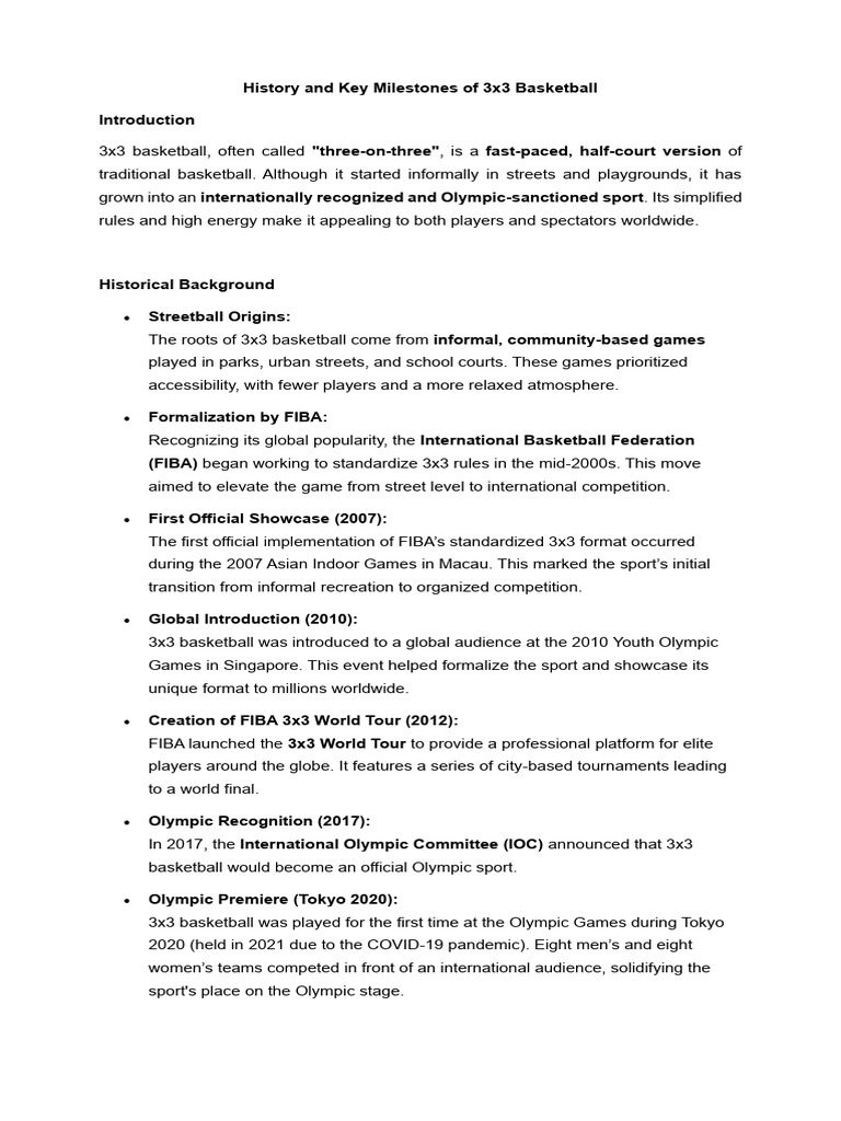 History and Key Milestones of 3x3 Basketball | PDF | Ball Games | Team ...