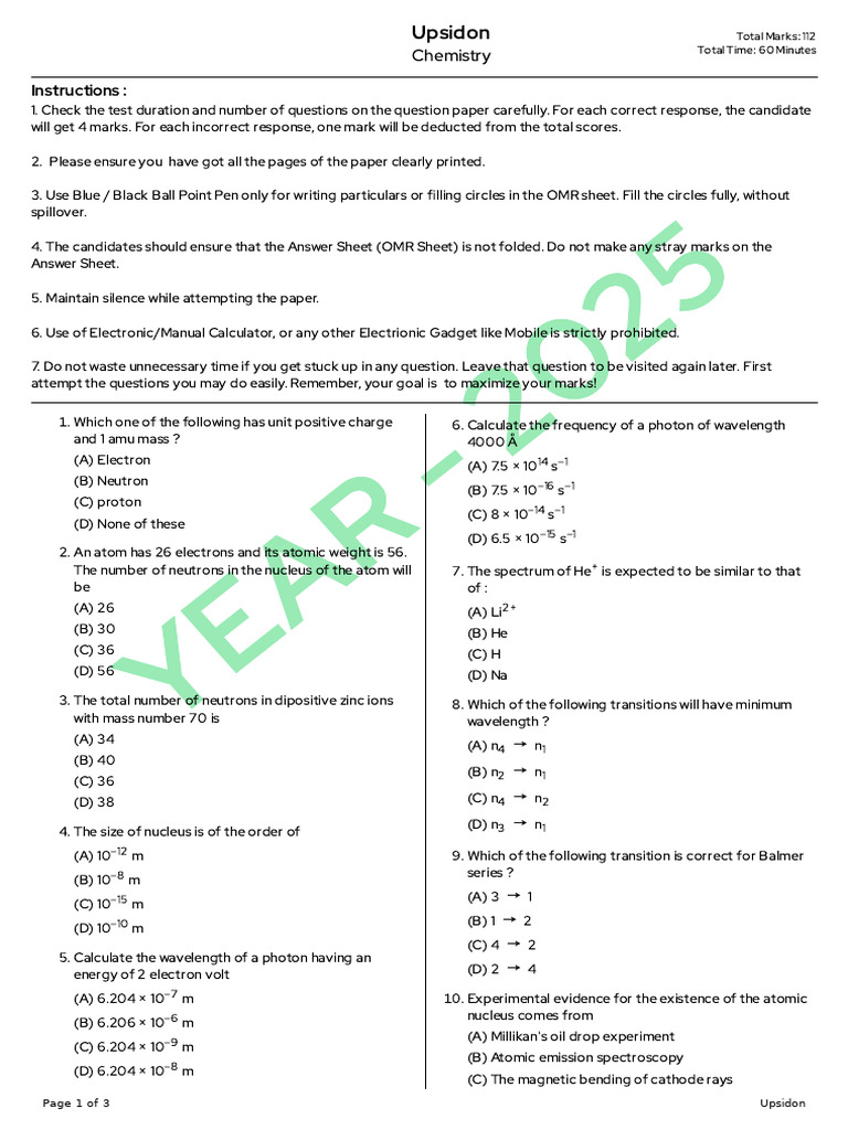 Atomic Structure MCQ | PDF | Electron | Atoms