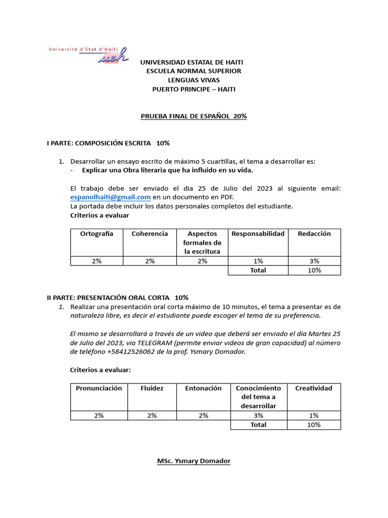 Prueba Final de Espanol | PDF