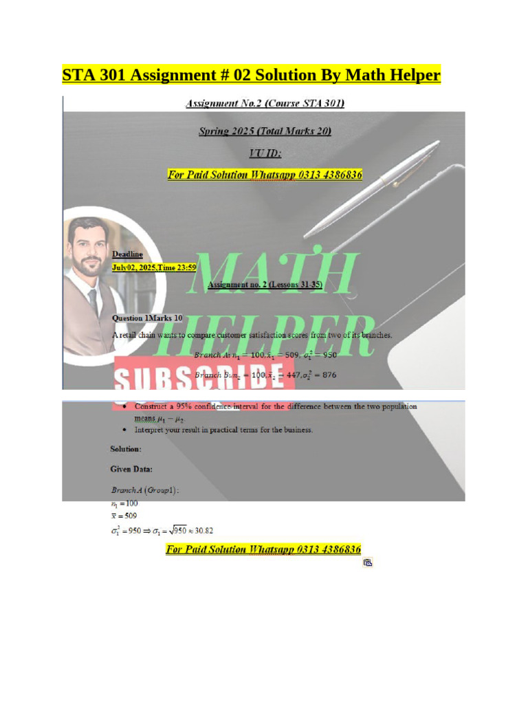 STA301 Assignment # 2 Solution by Math Helper | PDF