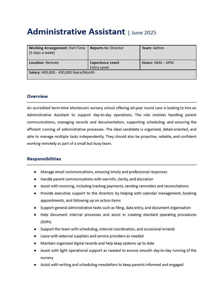Part-Time Admin Assistant Role - June 2025 | PDF | Communication ...