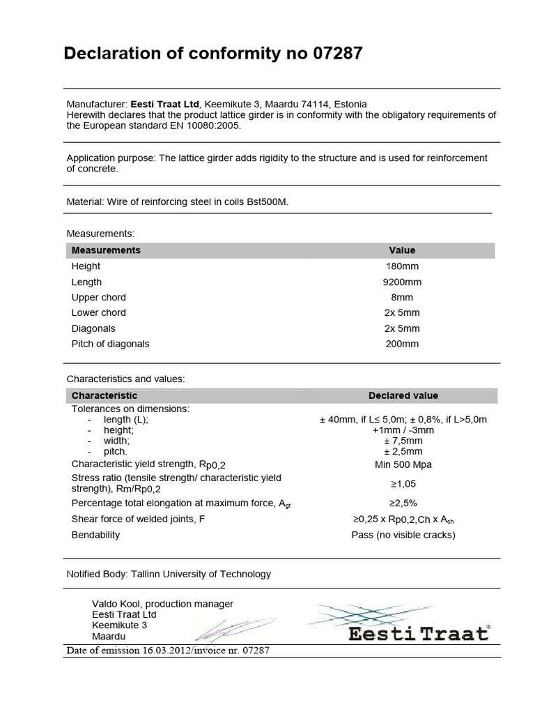 Declaration Latticegirder 07287 | PDF