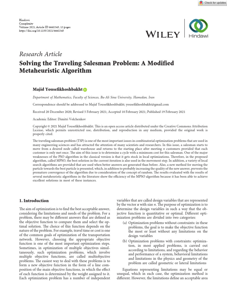 Complexity - 2021 - Yousefikhoshbakht - Solving The Traveling Salesman Problem A Modified ...