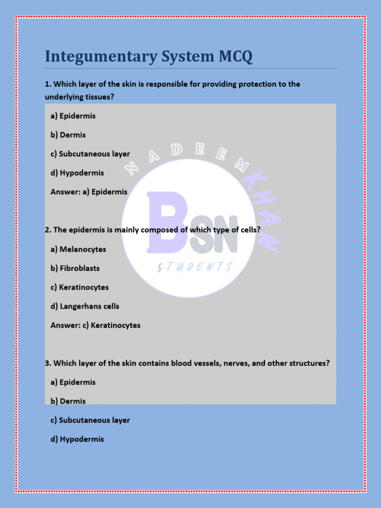 Integumentary System MCQs and Answers | PDF | Skin | Epidermis