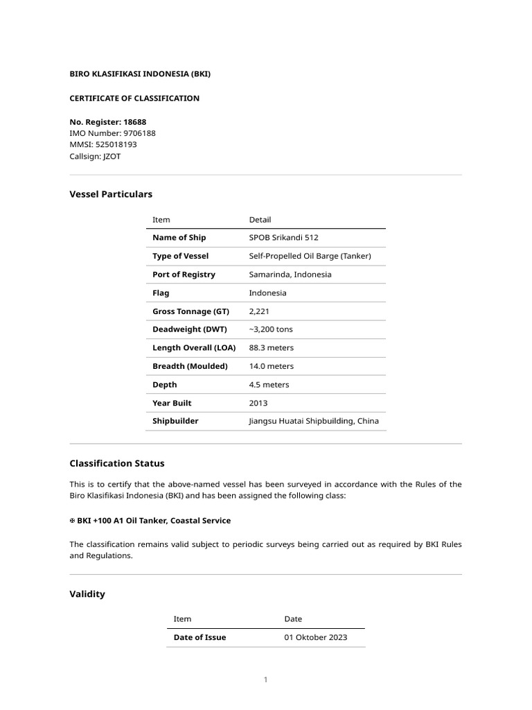 Sertifikat Klasifikasi Bki | PDF