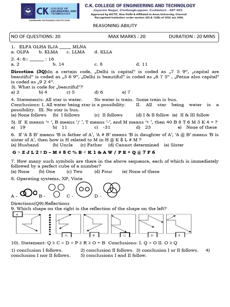 Reasoning Ability Test Questions | PDF
