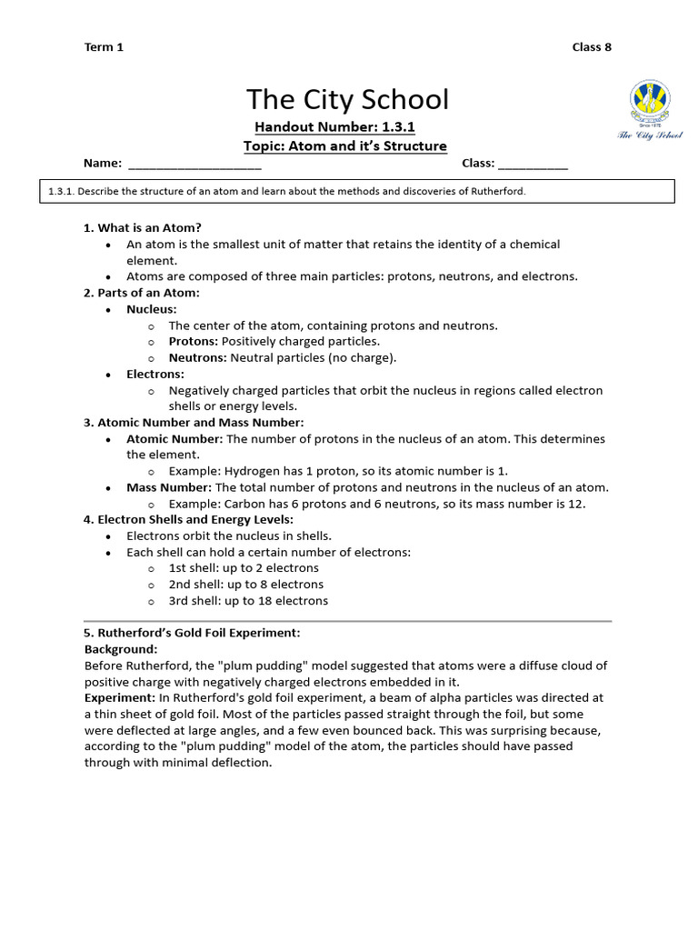 Atom and Its Structure (Handout) | PDF | Atomic Nucleus | Atoms