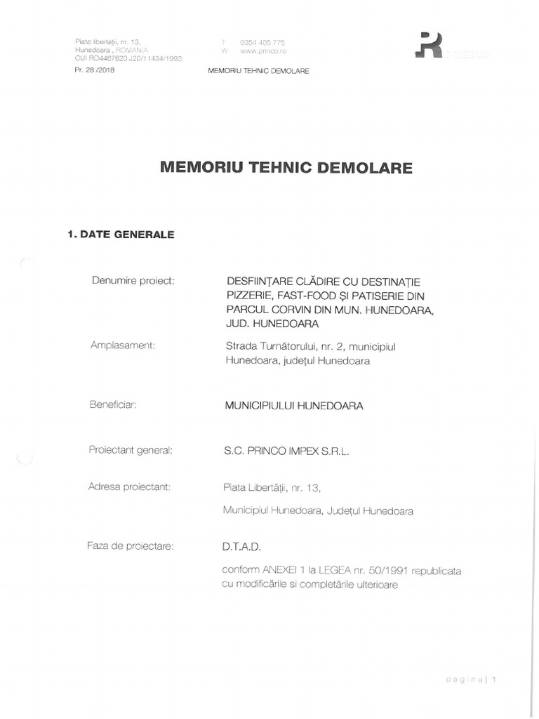 Memoriu Tehnic DTAD | PDF