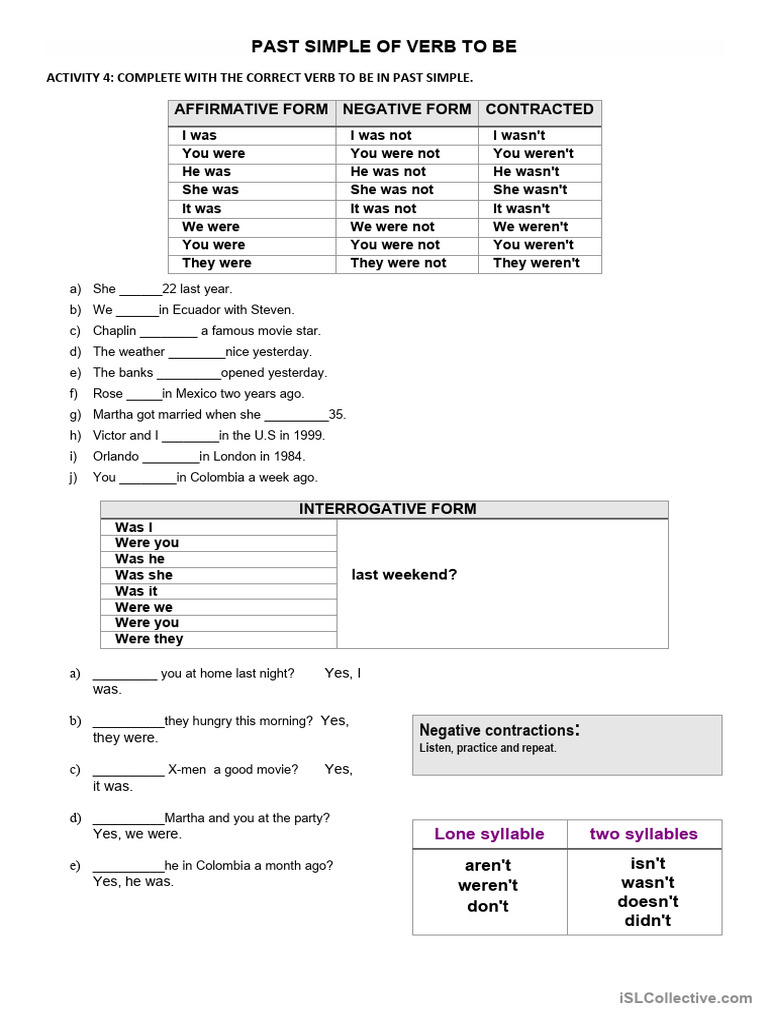 Past Simple of Verb To Be | PDF | Workweek And Weekend | Grammar