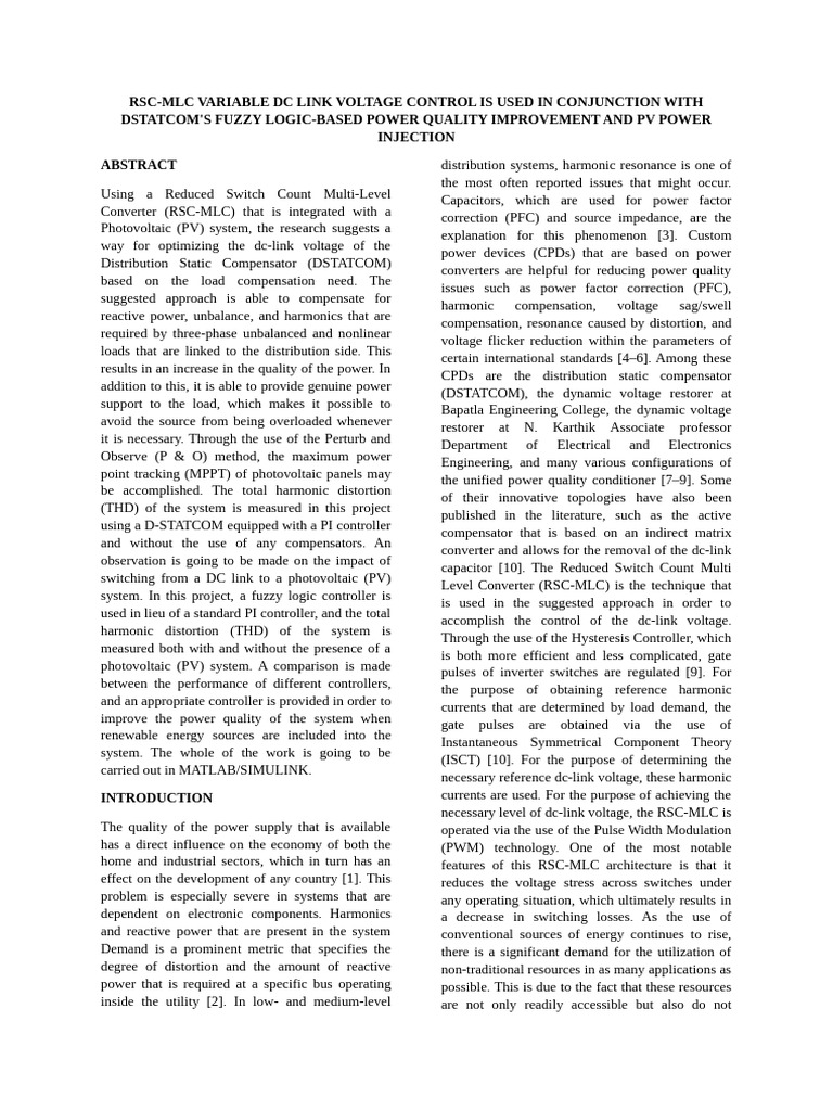 RSC-MLC Variable DC Link Voltage Control Is Used in Conjunction With Dstatcom's Fuzzy Logic ...