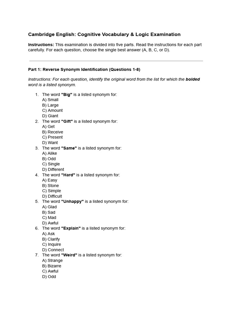 Cambridge English - Cognitive Vocabulary & Logic Examination | PDF | Semantics | Language Mechanics