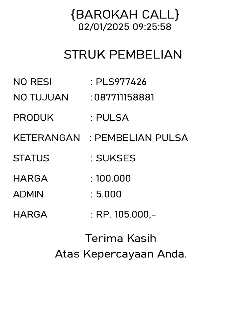 Struk Pembelian Pulsa Barokah Call | PDF