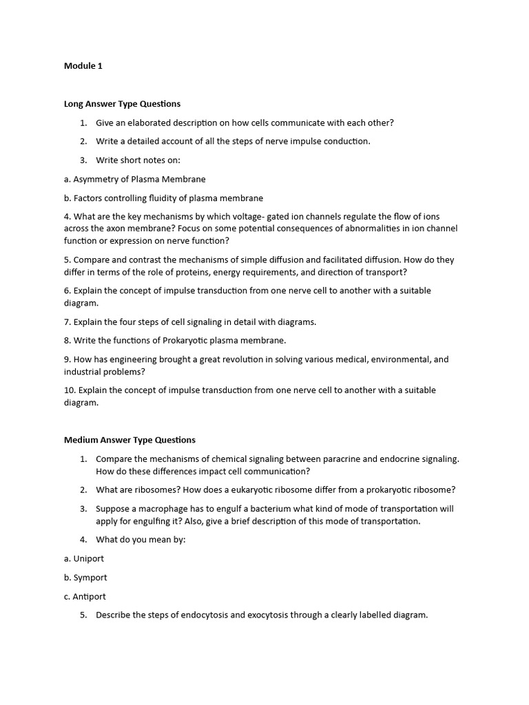 Module 1 Important Questions Mid Sem | PDF | Cell Signaling | Cell Membrane