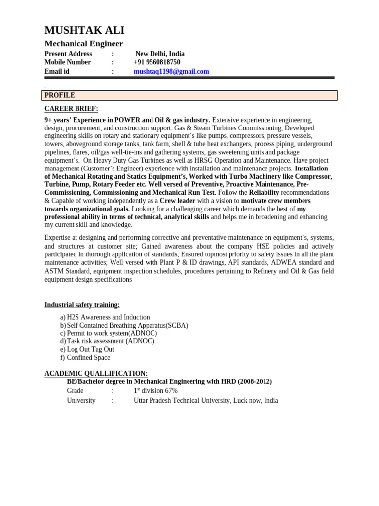 CV Mushtaq Mechanical Engineer | PDF | Heat Exchanger | Engineering