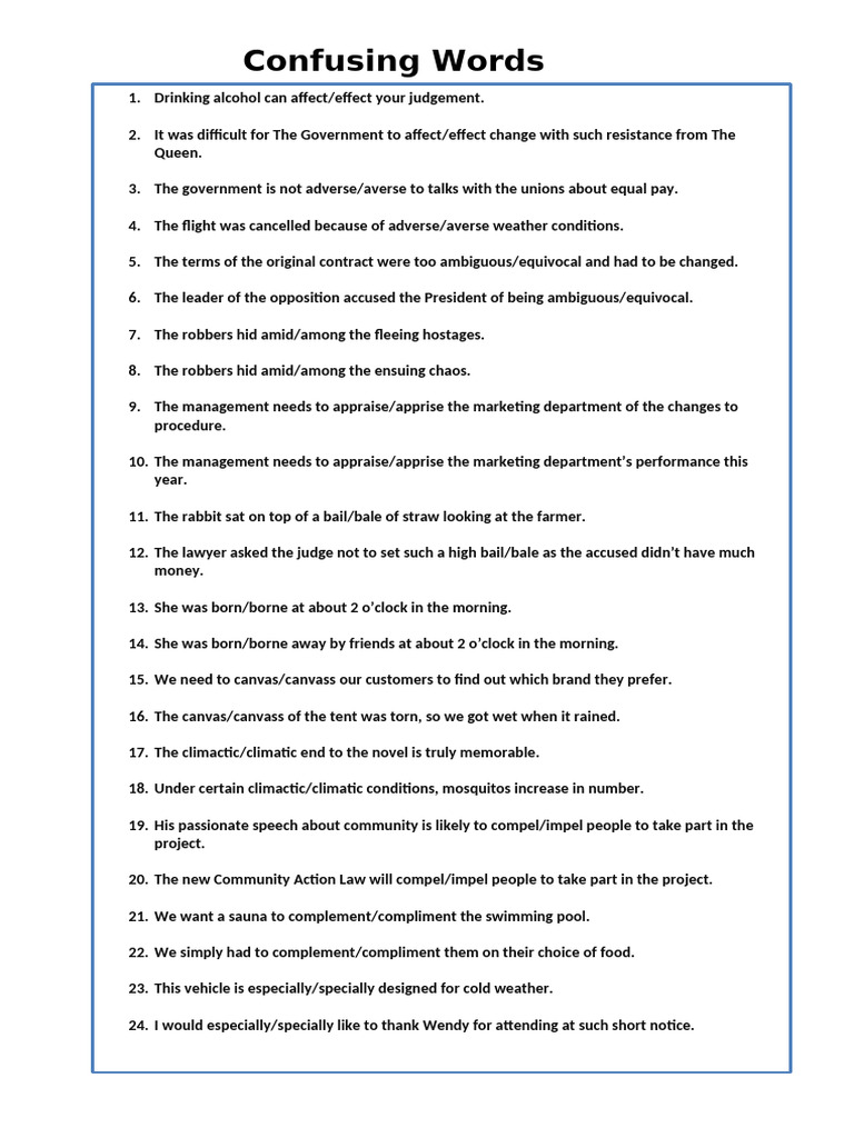 Confusing Words 2 Grammar Guides Reading Comprehension Exercises Sen ...