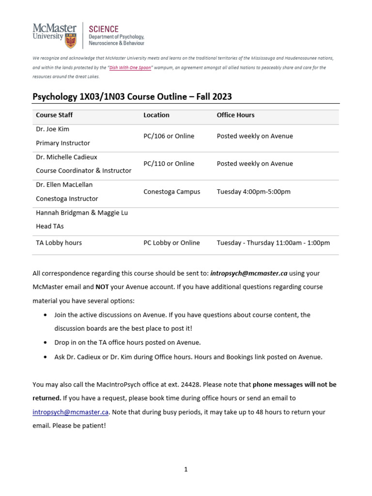 Syllabus Psych 1X03 Fall 2023 | PDF | Multiple Choice | Academic Integrity