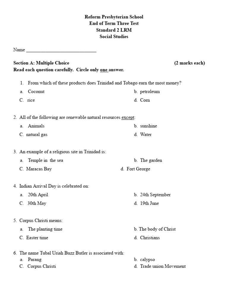 Standard 3 Social Studies Test: Trinidad | PDF | Trinidad And Tobago