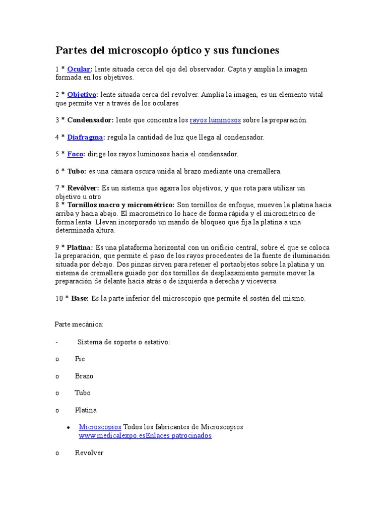 Partes Del Microscopio Óptico y Sus Funciones | PDF | Lente de la ...