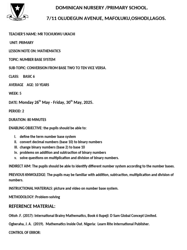 Binary Number System Lesson Plan | PDF | Arithmetic | Notation