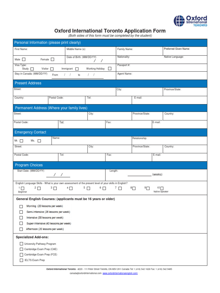 Application Form Oxford International Toronto 2024 - Fillable | PDF | Fee