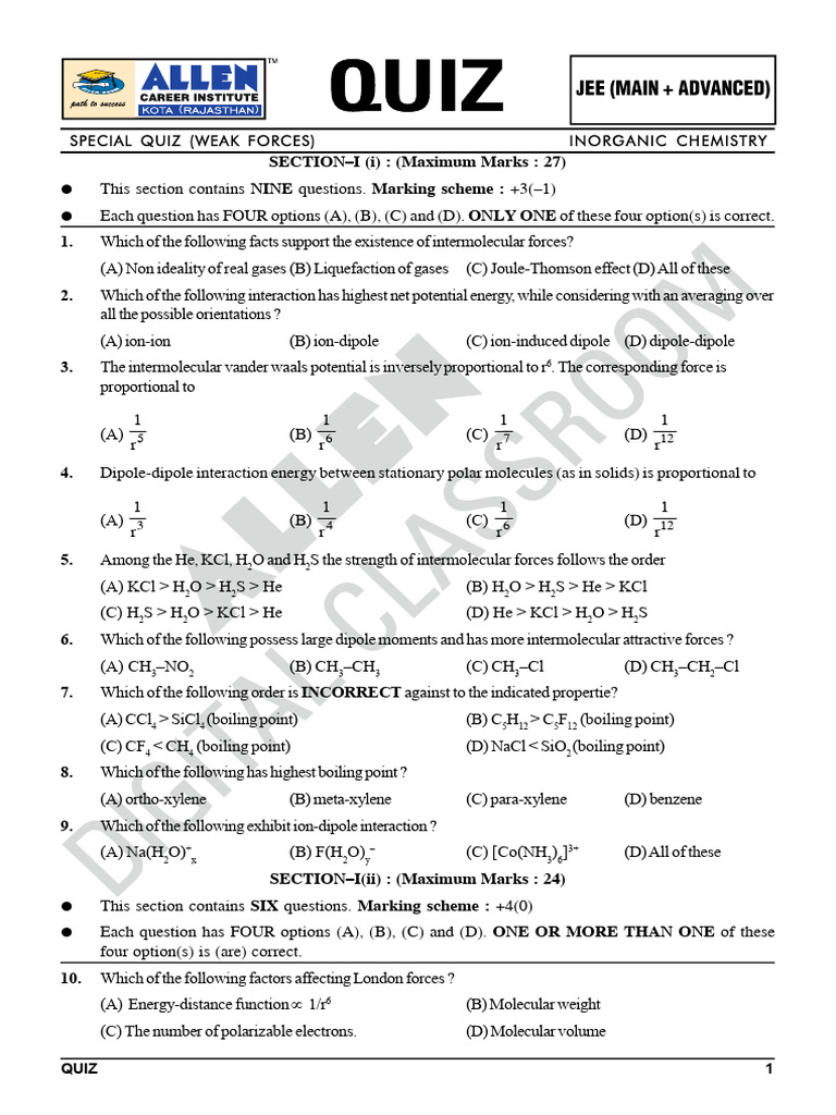 Intermolecular Forces Quiz and Answers | PDF | Intermolecular Force ...