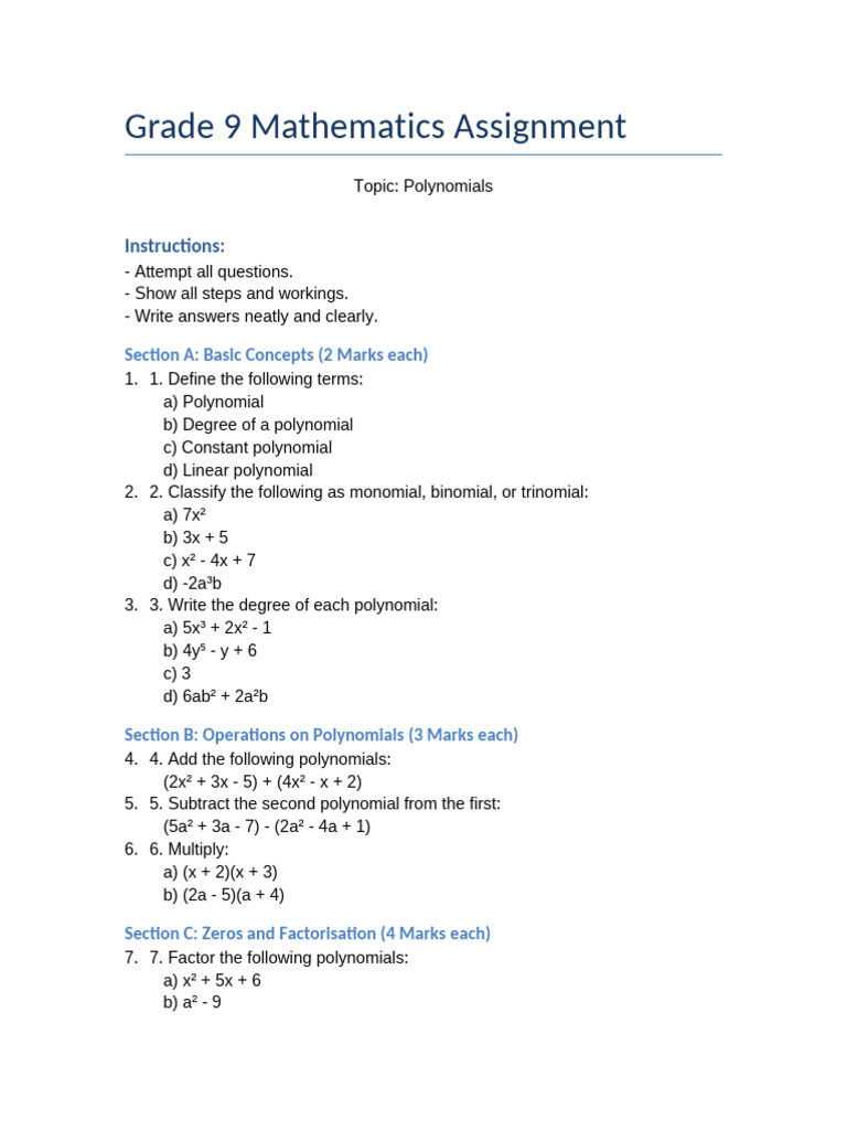 Grade 9 Polynomials Math Assignment | PDF