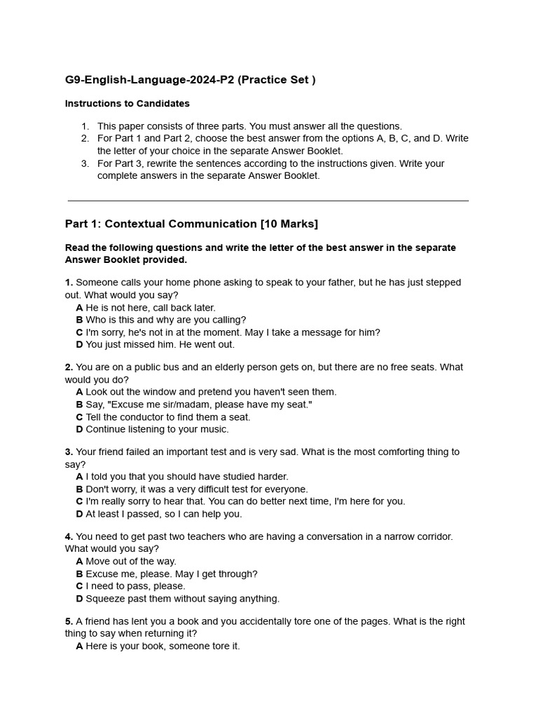 G9 English Language 2024 P2 (Practice Set) | PDF