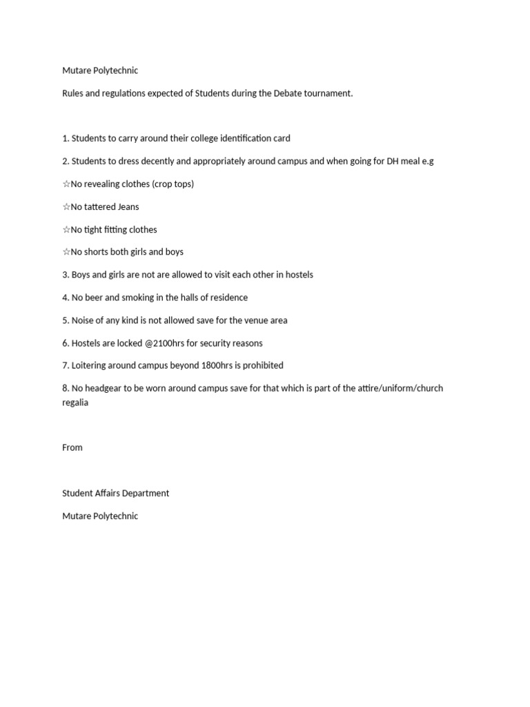 Rules and Regulations - Mutare Polytechnic | PDF