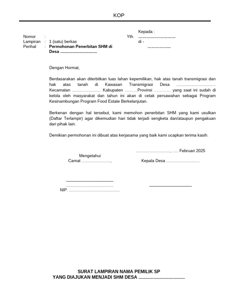 Format Surat Permohonan Penerbitan SHM | PDF