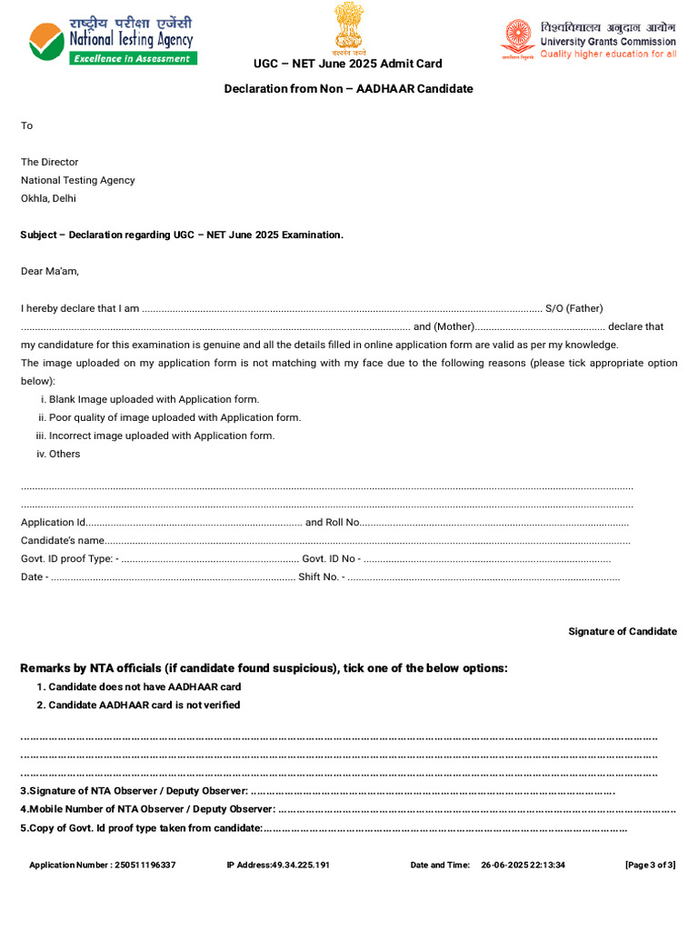 Declaration Form Ugc Net | PDF