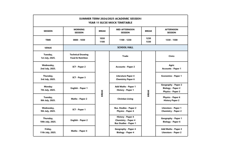Year 11 Summer Mock Schedule | PDF