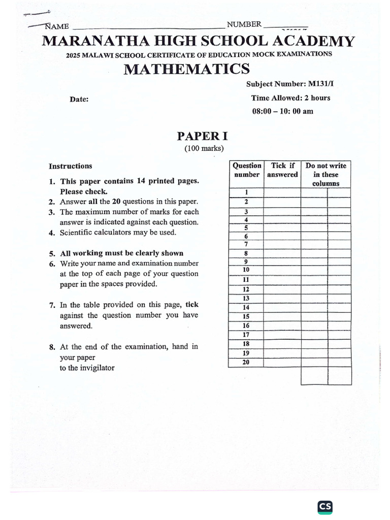 Maranatha 2024-2025 Maths p1 Mock3 | PDF