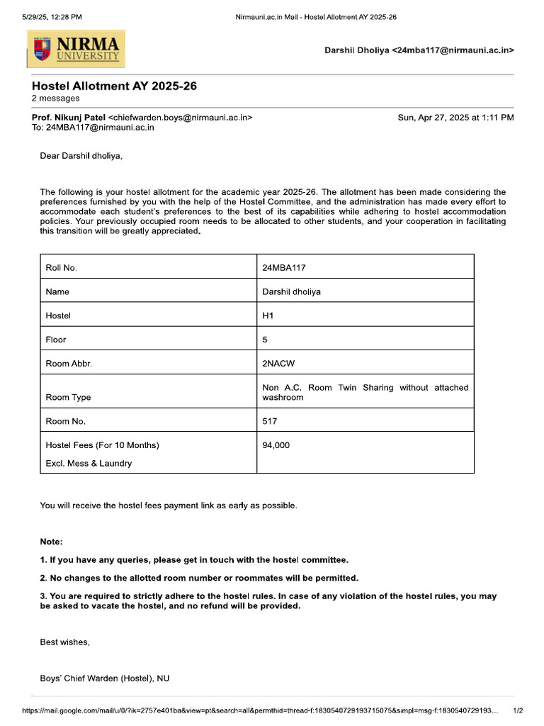 Hoste Room Allotment | PDF