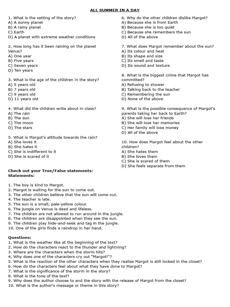 All Summer in A Day - Activities To Practice | PDF | Planets