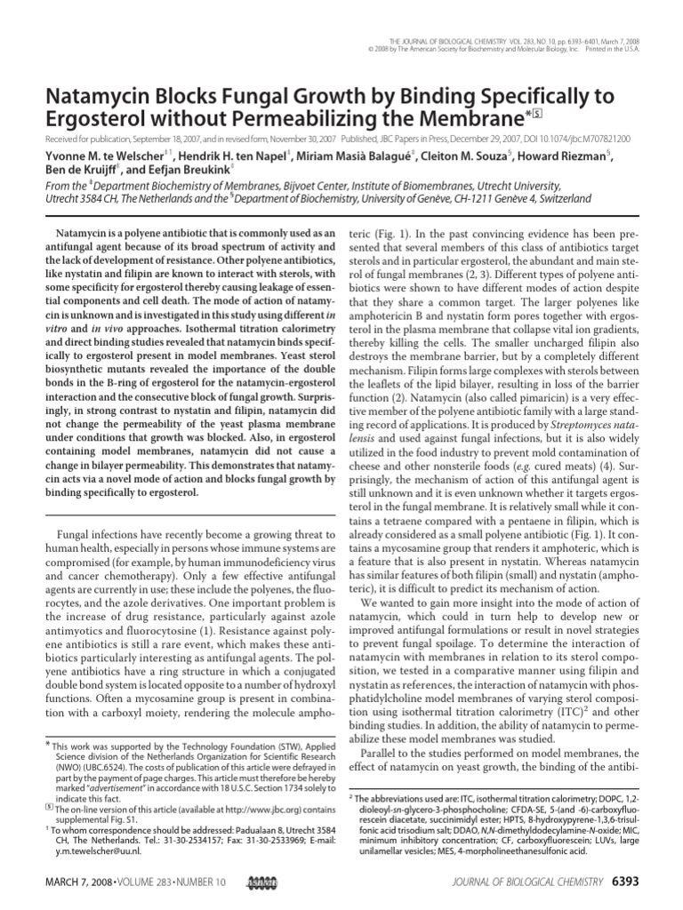 Natamycin's Unique Ergosterol Binding Mechanism | PDF | Cell Membrane ...
