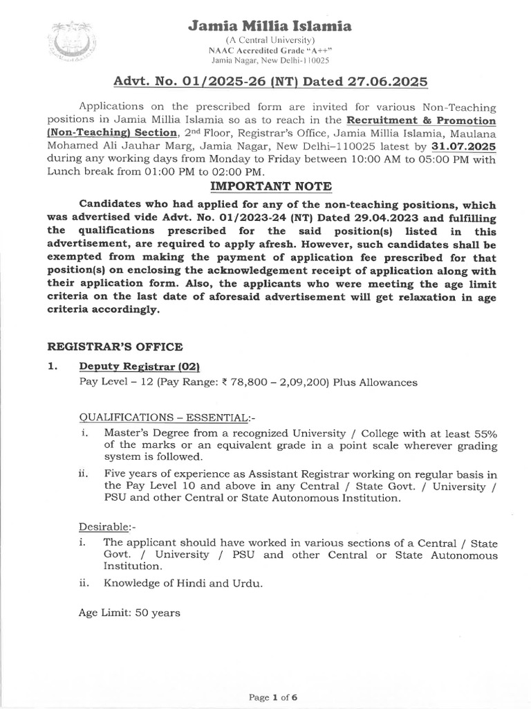 JMI Non Teaching Vacancy 2025 Notification Form | PDF